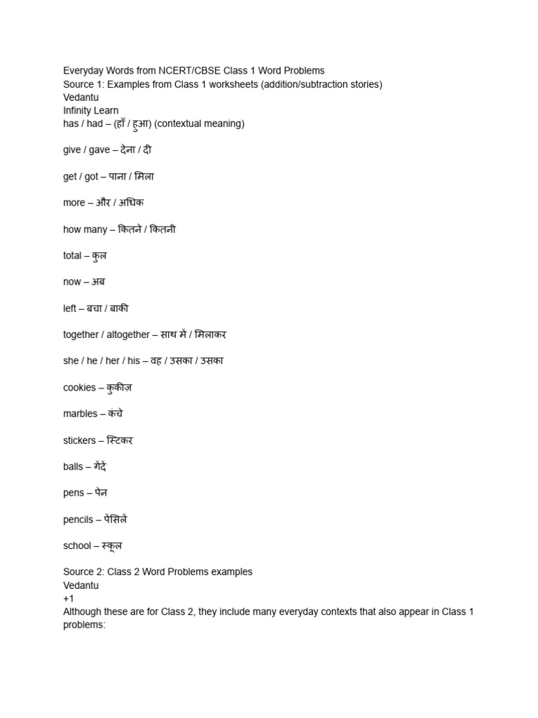 Class 1 Everyday Vocabulary Guide | PDF | Linguistics | Languages Of India