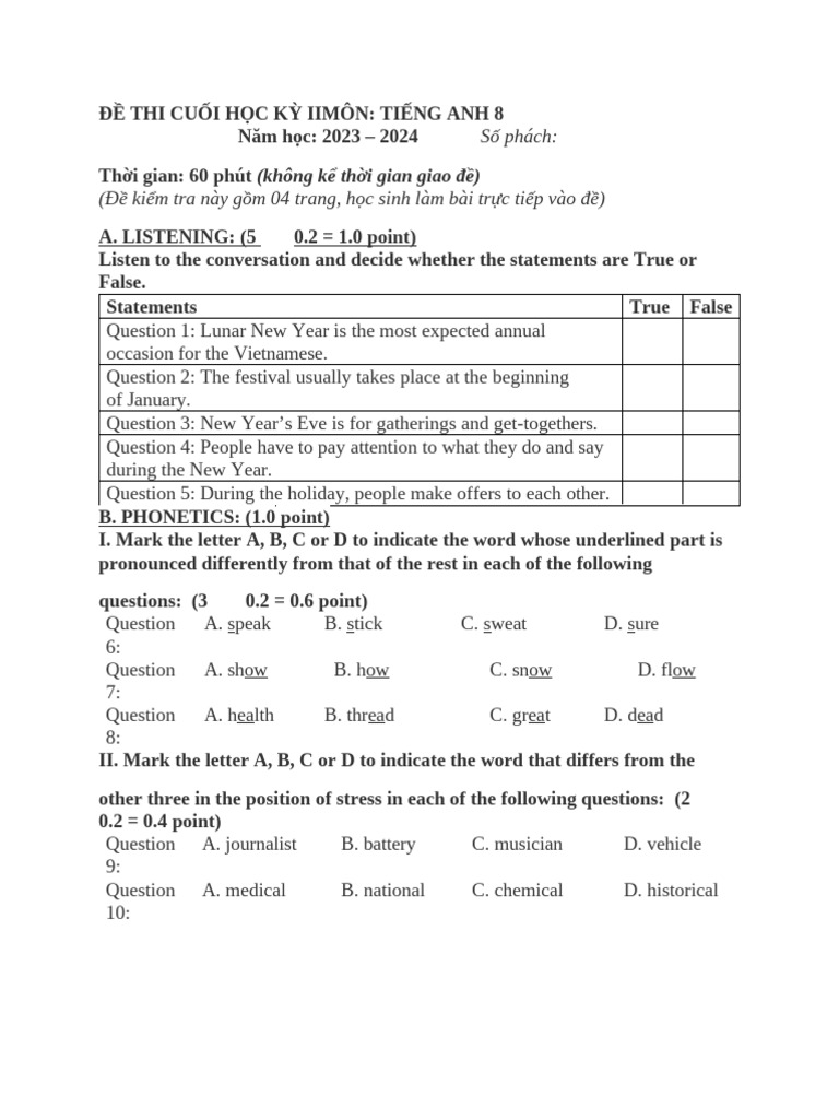 English Exam for Grade 8 - Semester 1 | PDF