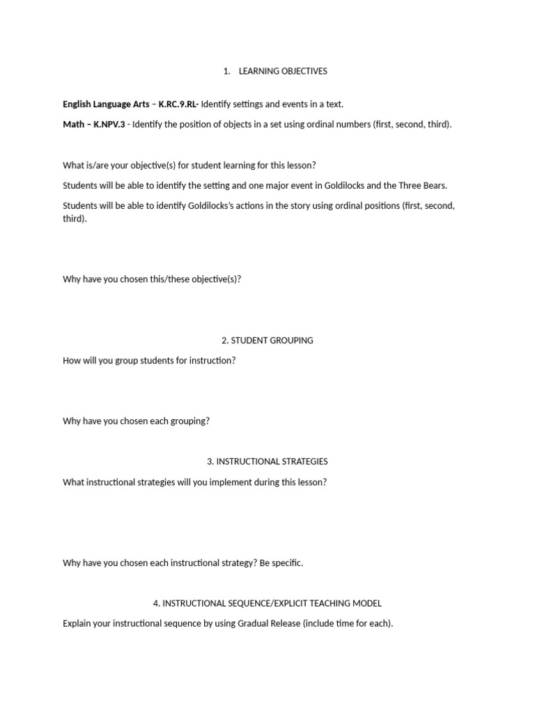 Goldilocks Lesson Plan for K-1 Students | PDF