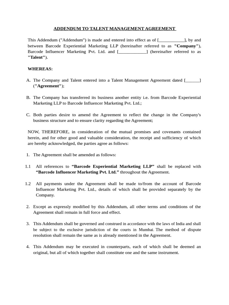 Talent Management Agreement Addendum | PDF