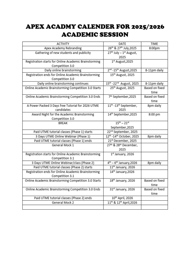 Apex Academy Calendar 2025/2026 | PDF | Learning | Educational Technology