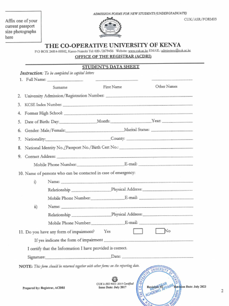 New Students Admissions Forms NCBD TI | PDF