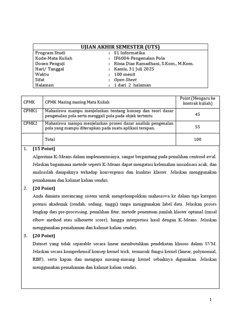 Contoh Soal Pengenalan Pola Informatika | PDF