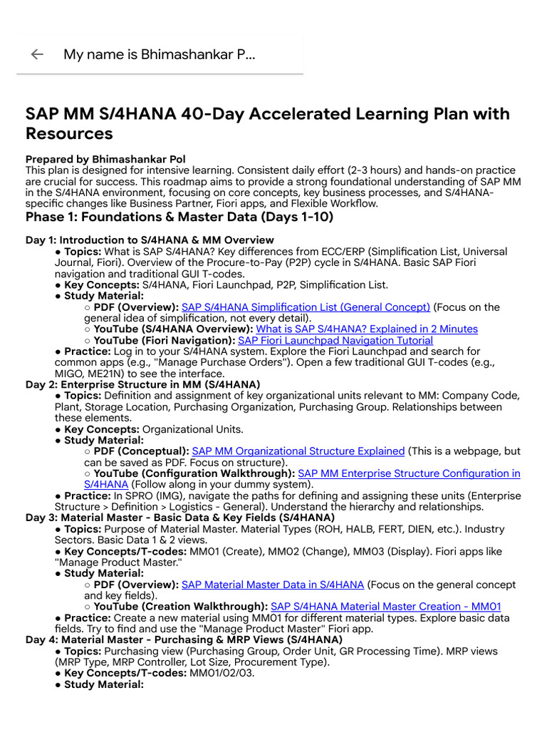 SAP MM S - 4HANA 40-Day Accelerated Learning Plan& Resources | PDF ...