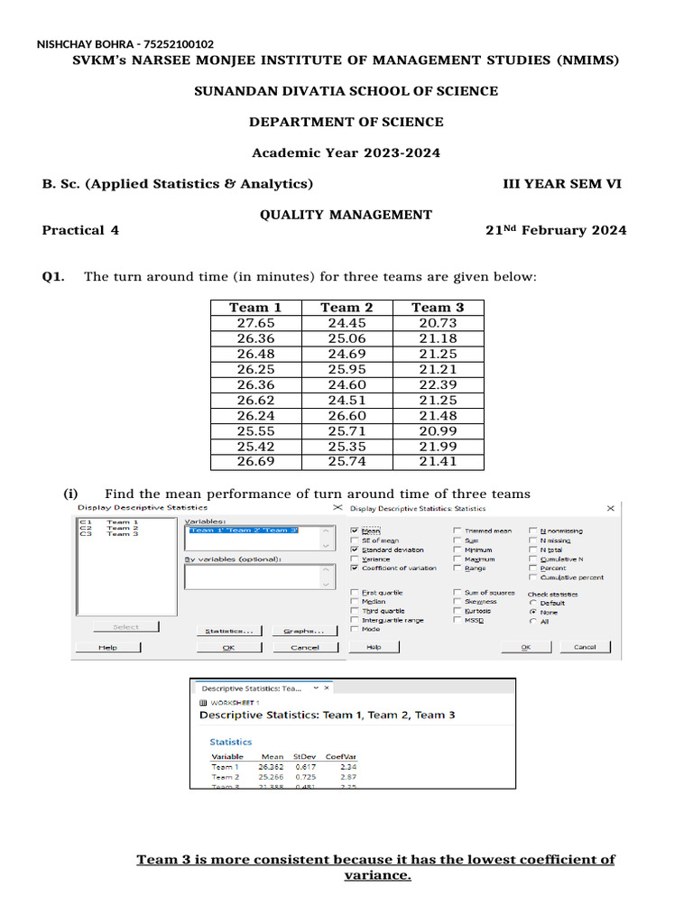 Nishchay Bohra - QM - Practical 4 | PDF | Coefficient Of Variation | Statistical Analysis