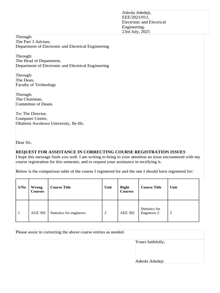 Course Registration Correction Request | PDF