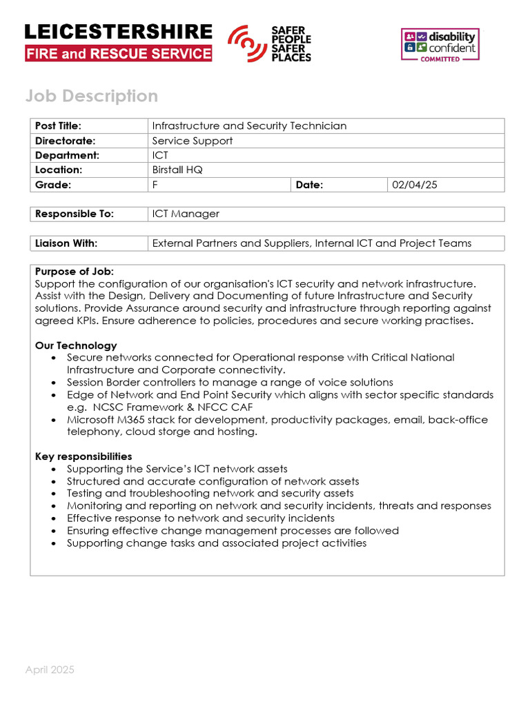 ICT Infrastructure and Security Technician - Job Description | PDF ...