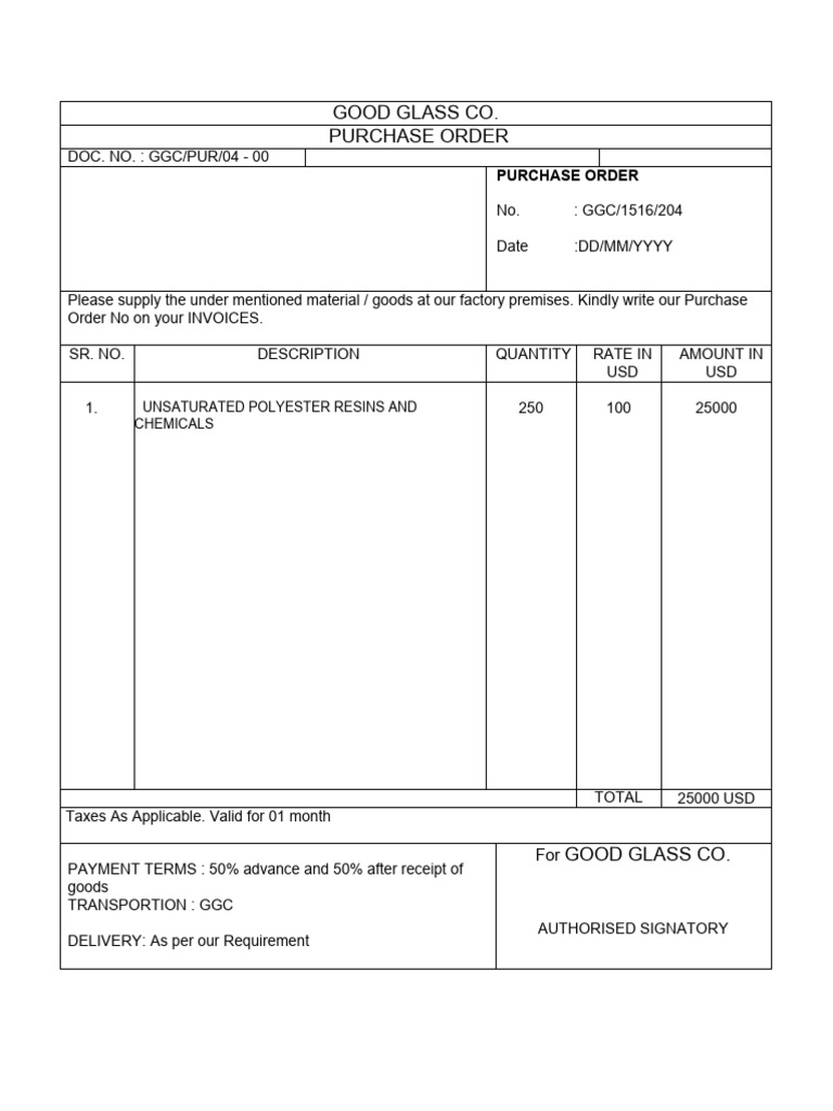 Good Glass Co. Purchase Order GGC/1516 | PDF