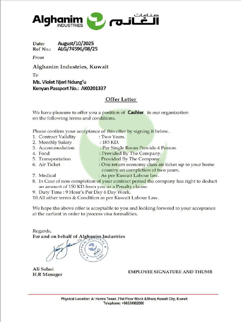 VIOLET NJERI NDUNG'U - OFFER LETTER | PDF