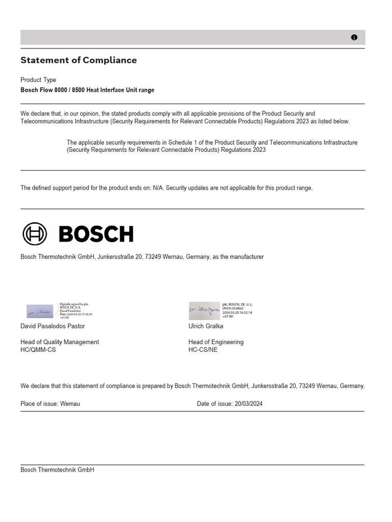 Bosch Flow 8000 Compliance Statement | PDF