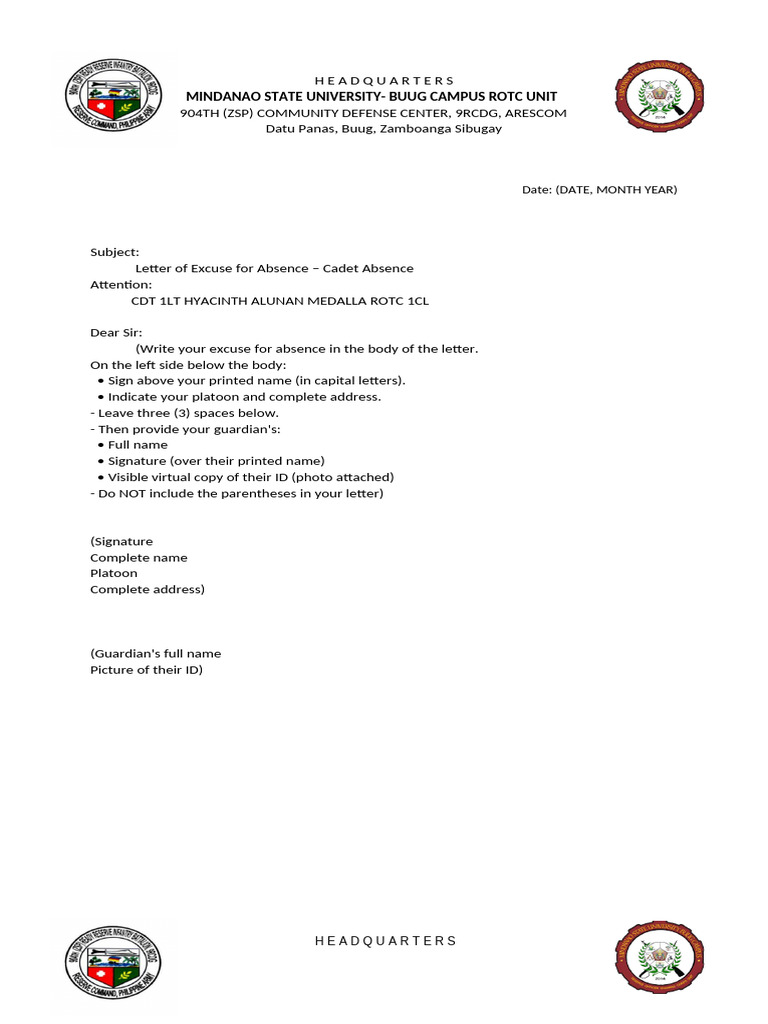ROTC Absence Excuse Letter Template | PDF | Military Units And ...