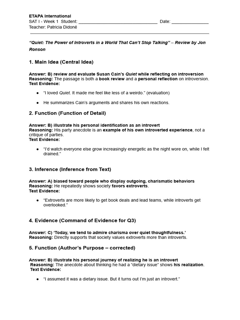 Answer Key SAT 1 Questions - Op-Ed - Quiet - The Power of Introverts ...