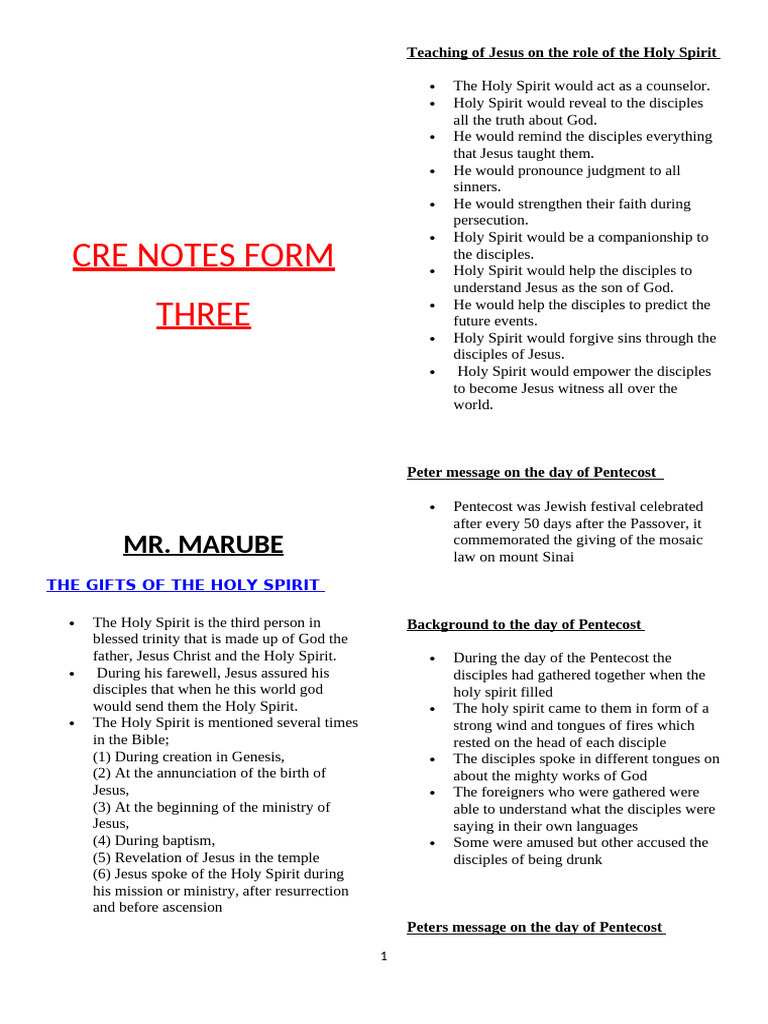 Form 3 CRE Notes on Holy Spirit | PDF | Jesus | Spiritual Gift