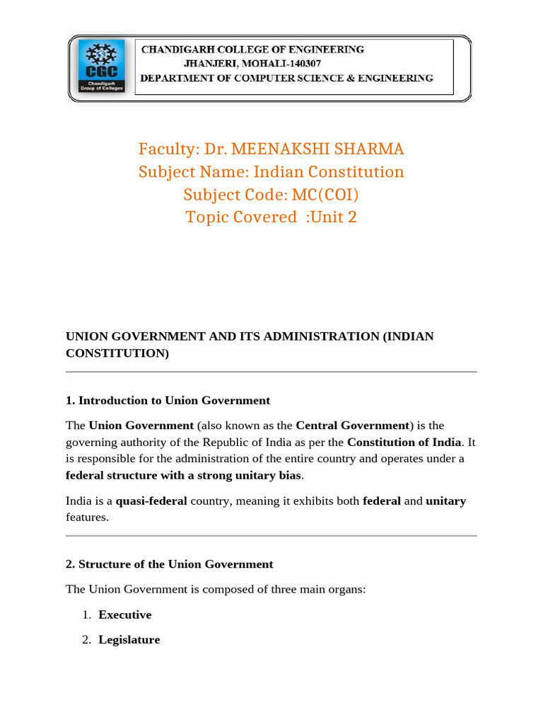 Union Government Overview in India | PDF | Government Of India ...