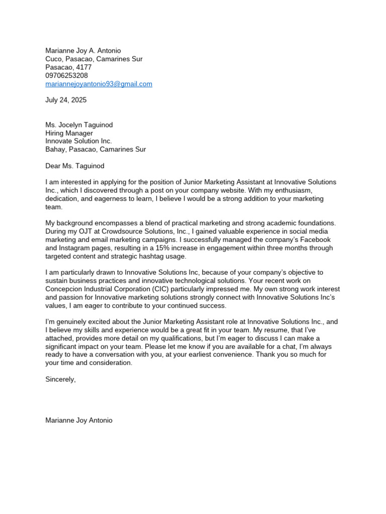 ApplicationLetter - Marianne Joy Antonio | PDF