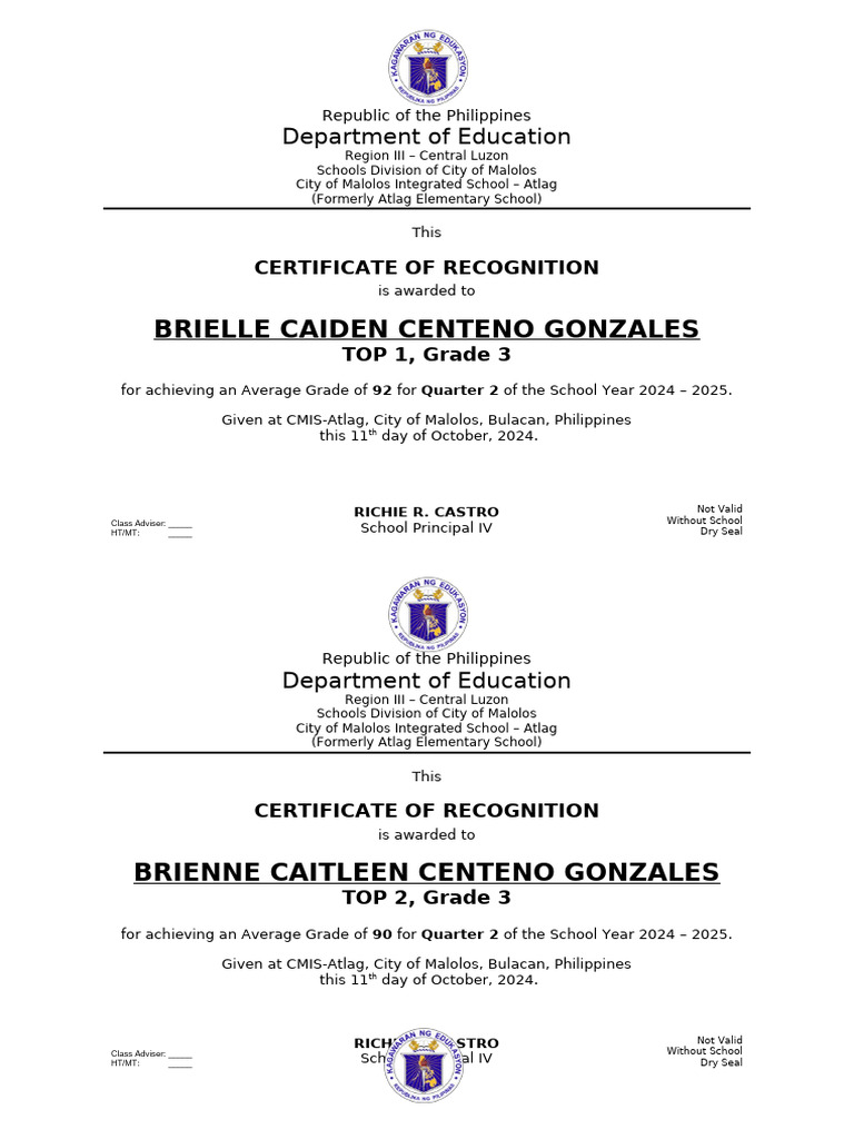 CMIS Atlag Grade 3 Recognition Awards | PDF | Government | Public ...