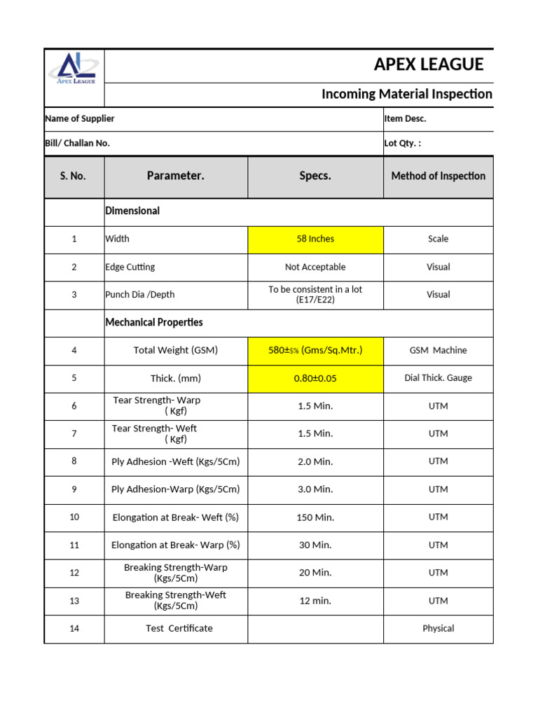 Incoming Material Inspection Report | PDF
