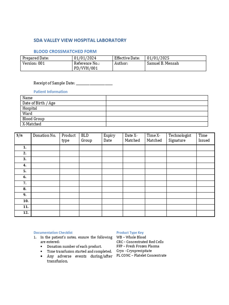 Blood Crossmatch Form | PDF