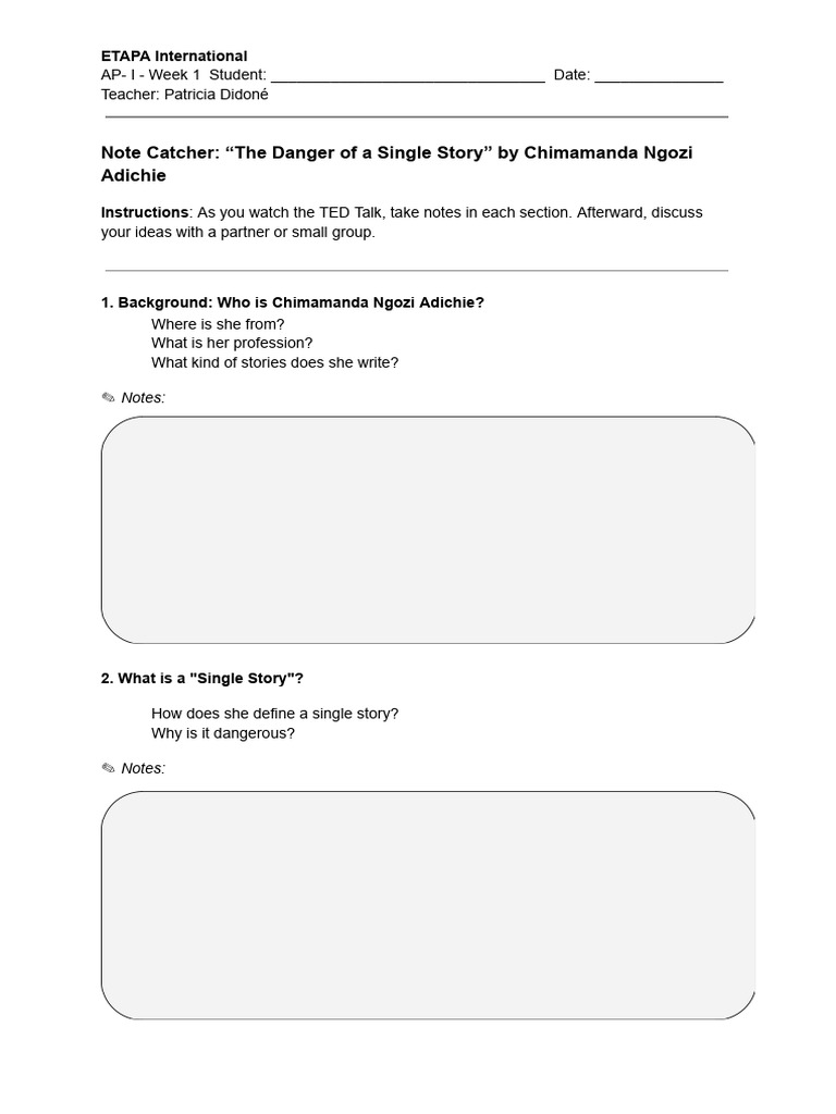 Note Catcher: The Danger of a Single Story | PDF