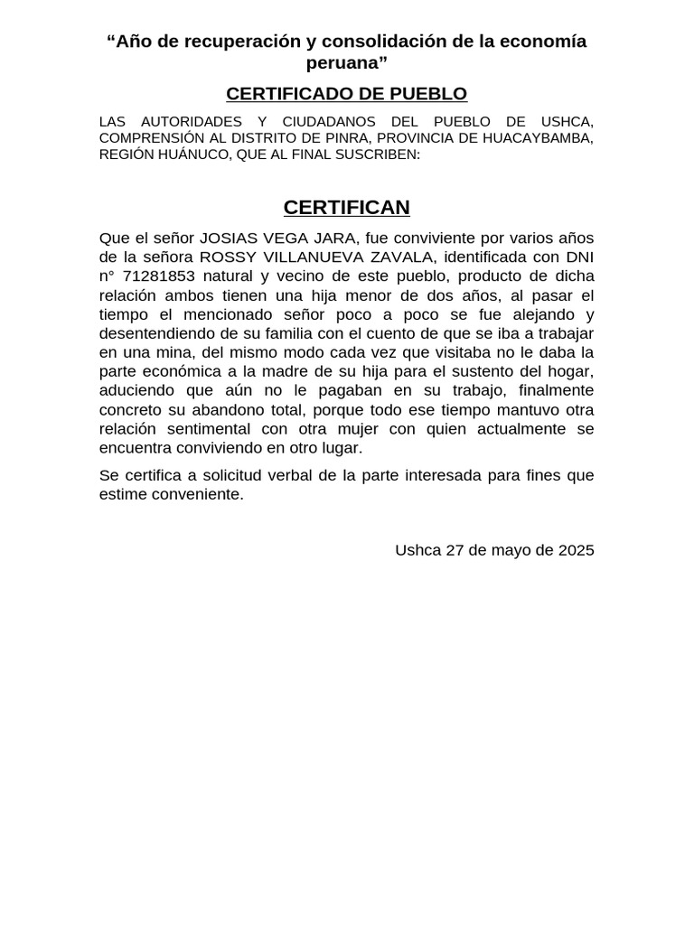 Certificado de convivencia y abandono en Ushca | PDF