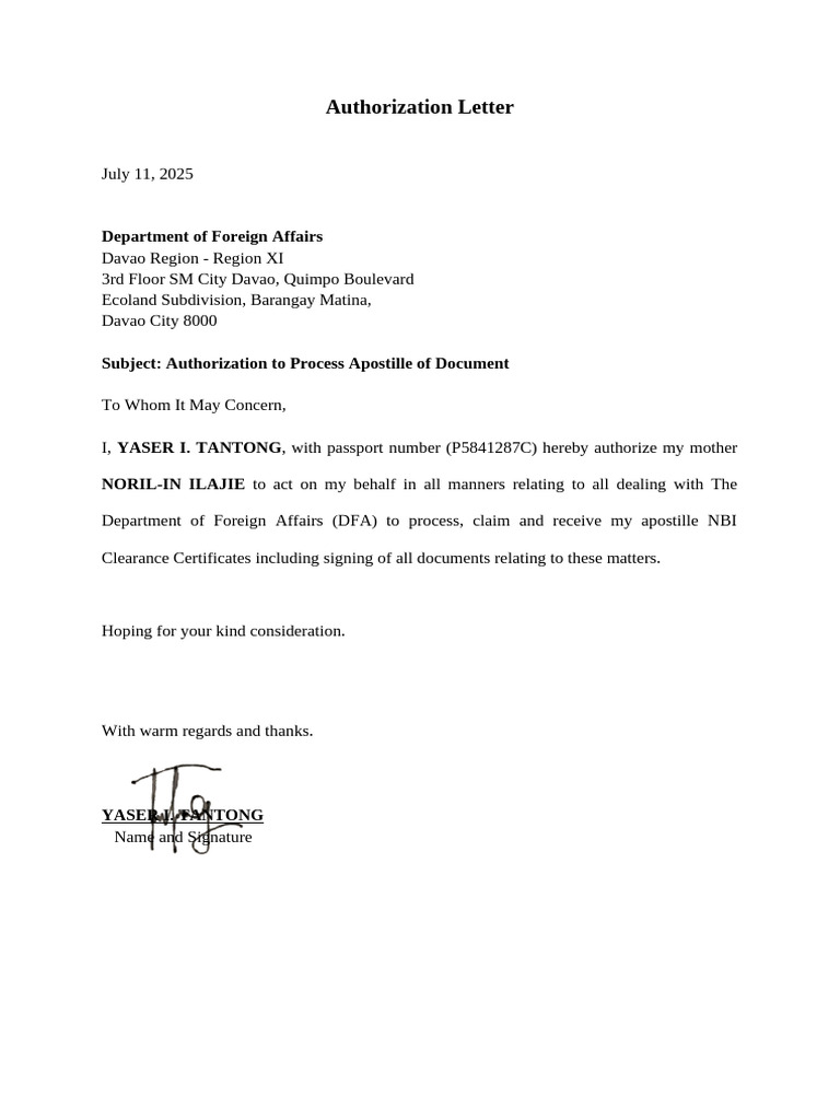 Authorization Letter DFA | PDF