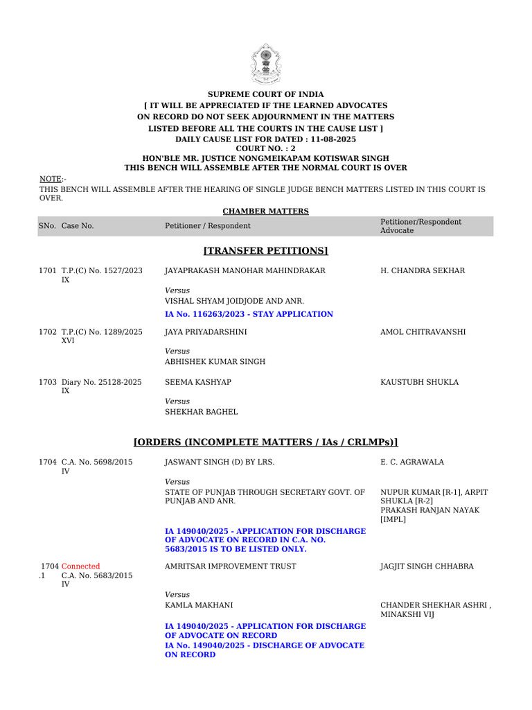 Supreme Court Daily Cause List 11-08-2025 | PDF