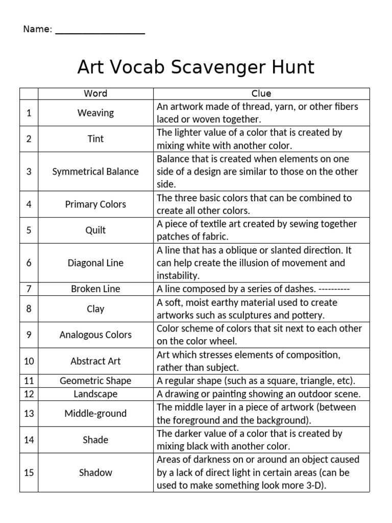 Art Vocab Answer Key | PDF | Drawing | Paint