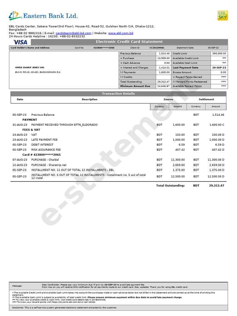 EBL Statement 07 10 2023 | PDF | Credit Card | Payments