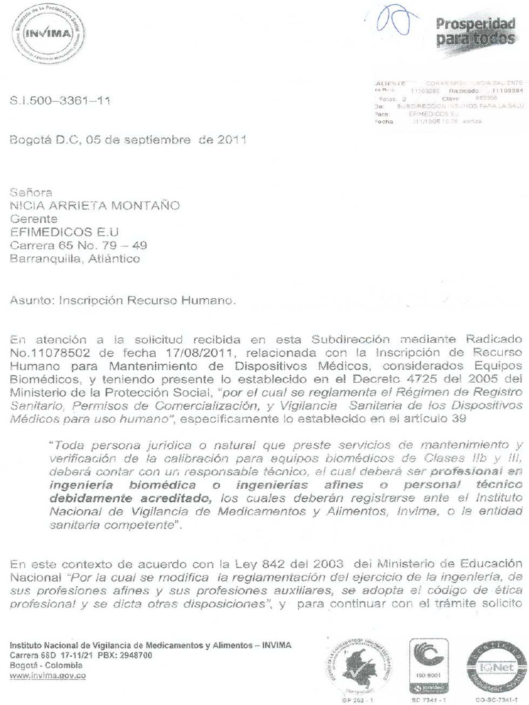 Carta Invima 1 | PDF