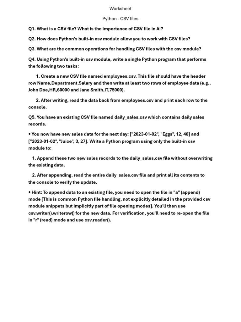 Worksheet - CSV Files | PDF