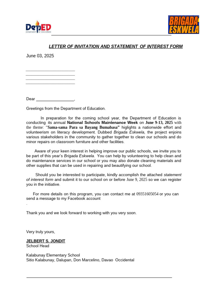 Appendix K Mletter of Invitation Statement of Interest Formdoc | PDF