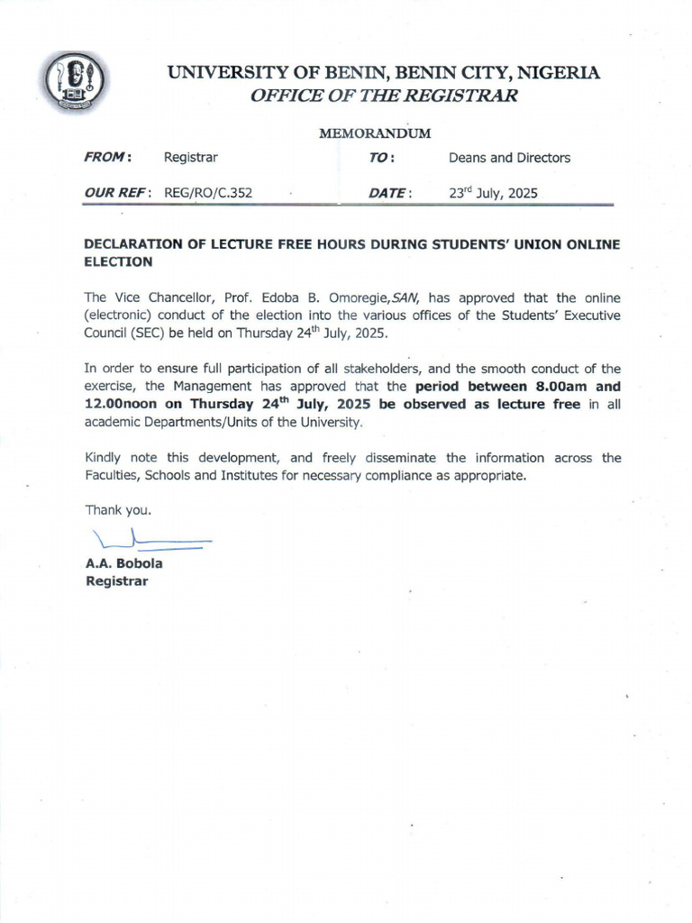 Declaration of Lecture Free Hours During Students' Union Election | PDF