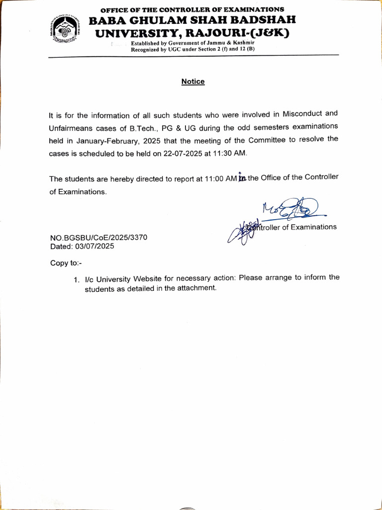Unfairmeans Meeting Notice For The Students Who Involved in The ...