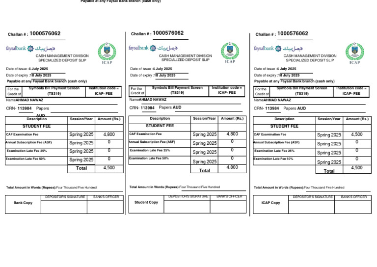 Specialized Deposit Slip for Student Fees | PDF | Banks | Personal Finance
