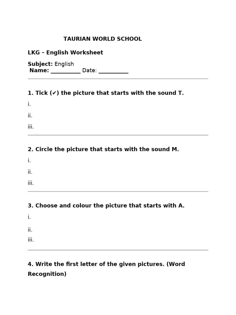 LKG Worksheet For Half Yearly Exam | PDF