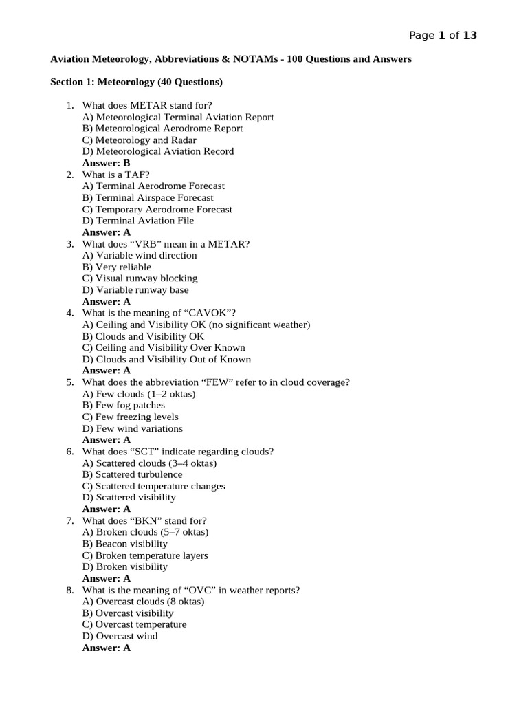 Aviation Meteorology, Abbreviations & NOTAMs - 100 Questions and ...