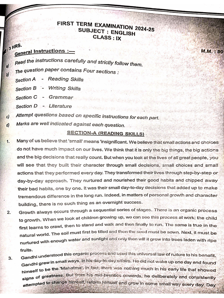 Previous Year Paper First Term Paper Class IX English | PDF