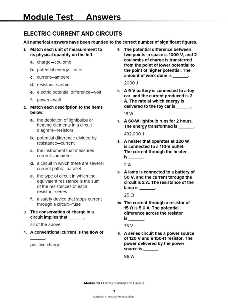 Module Test Answers: Electric Current and Circuits | PDF | Voltage ...