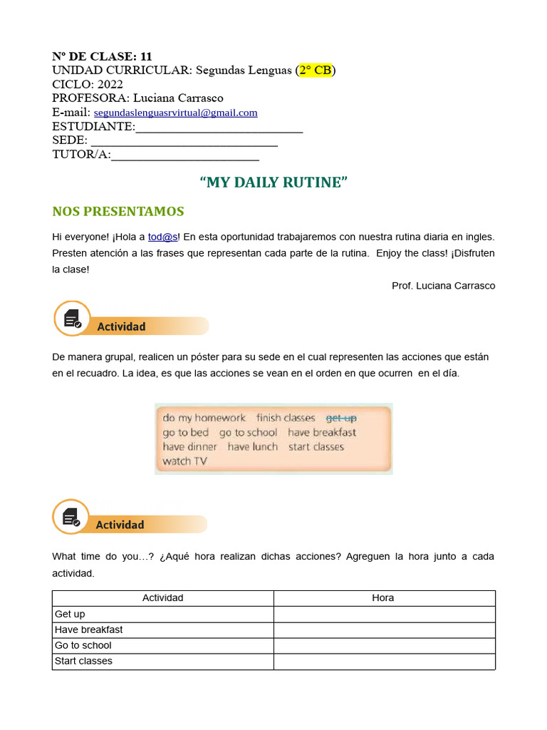 Clase N 11 - My Daily Routine (2°CB) | PDF