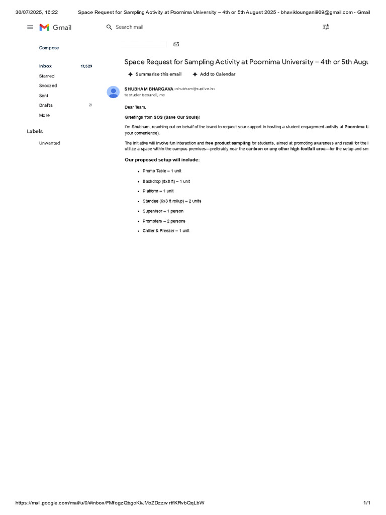 Space Request For Sampling Activity | PDF