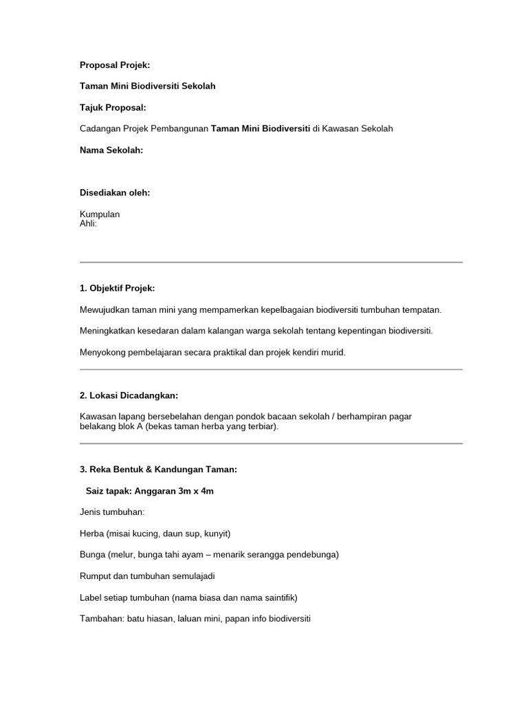 Contoh Proposal Projek Taman Mini Biodiversiti | PDF