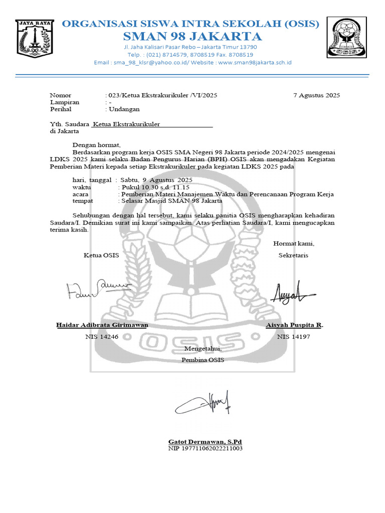 Surat Undangan Ldks Kepada Ketua Ekskul (1) - 1 | PDF