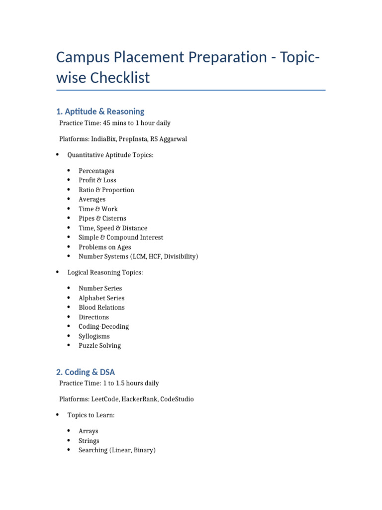 Campus Placement Topicwise Checklist | PDF