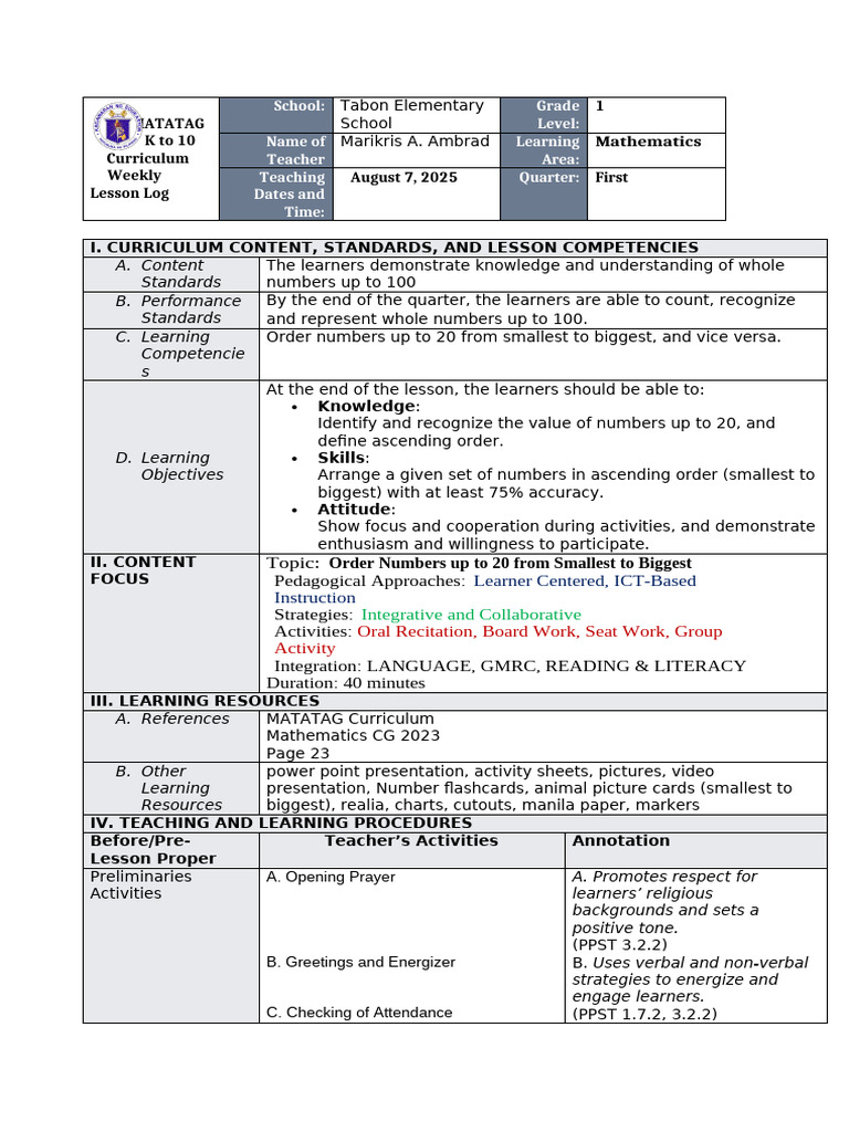 Co-Dll Matatag Mathematics 1 q1 w4 v2 | PDF | Learning | Reading Comprehension