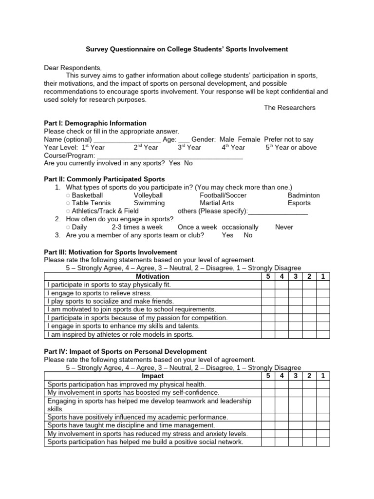 Survey Questionnaire FINAL | PDF | Sports | Social Psychology