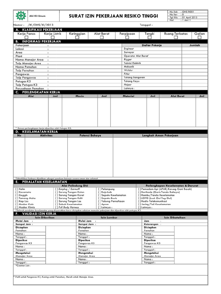 Form Izin Kerja K3 | PDF