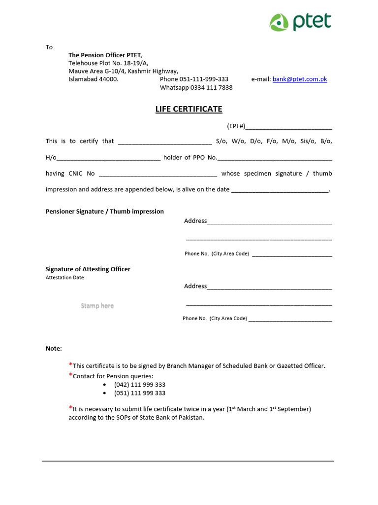 PTCL Life Certificate Submission Guide | PDF