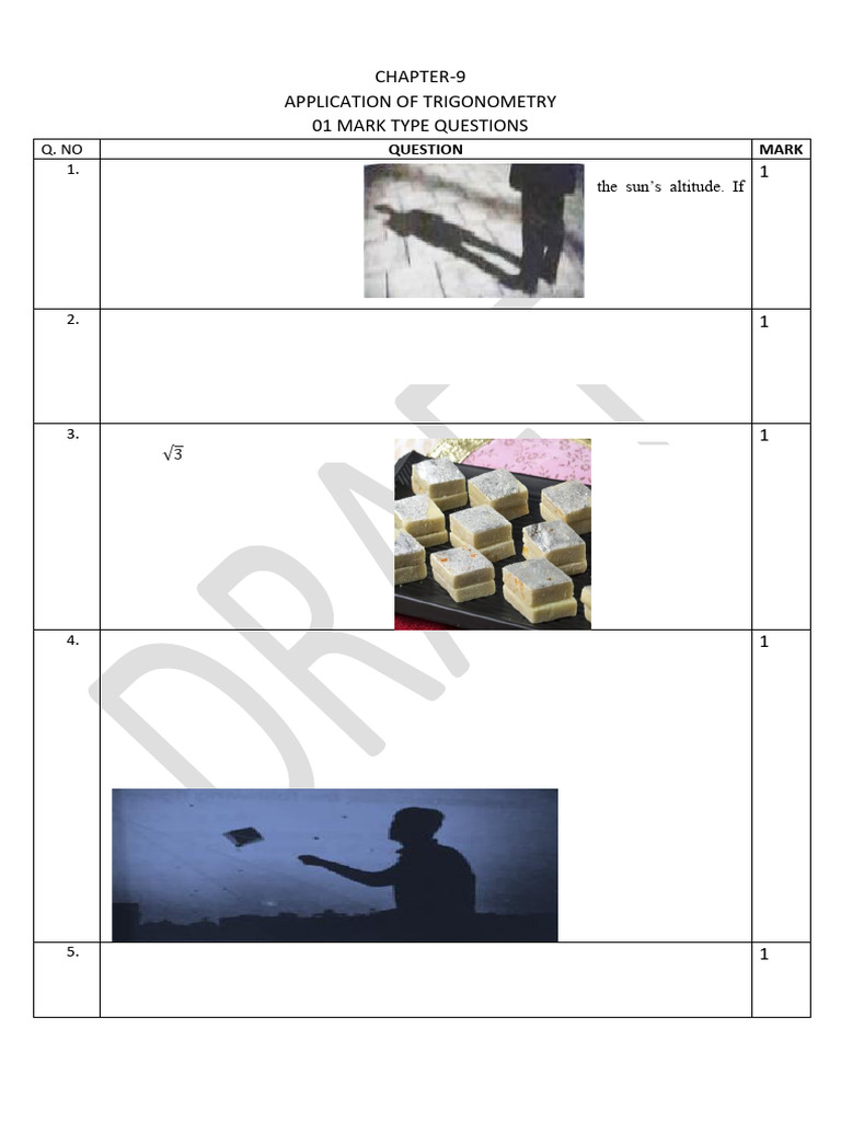 Application of Trigonometry - 1 Mark | PDF | Angle | Shadow