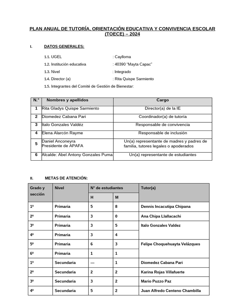 Plan Anual de Tutoría 2024 en I.E. Mayta Capac | PDF | Violencia ...