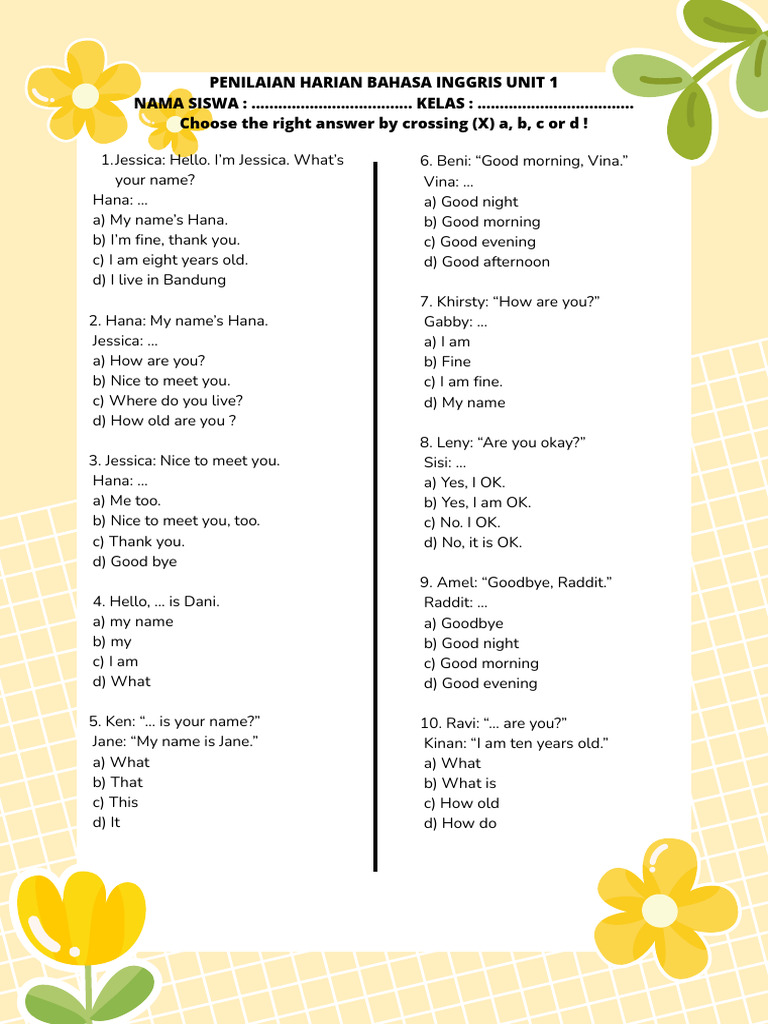 Jessica Hello. I'm Jessica. What's Your Name Hana A) My Name's Hana. B ...
